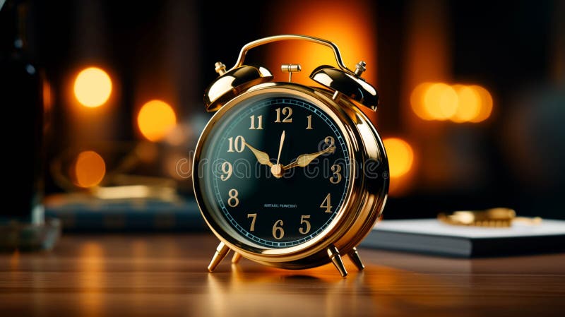 Classic Black Alarm Clock on Table, One Side Blank Space for Text Stock ...