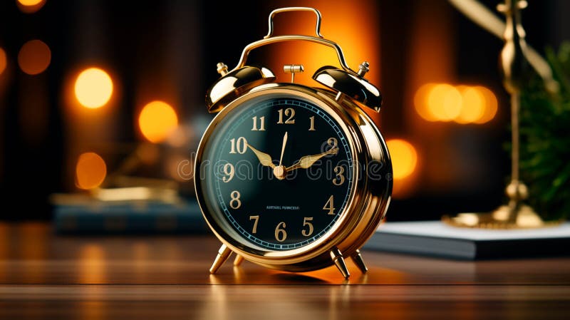 Classic Black Alarm Clock on Table, One Side Blank Space for Text Stock ...