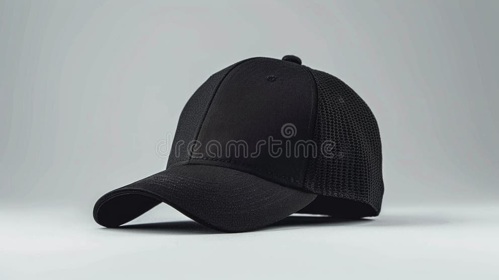 Classic Black Baseball Cap with a Mesh Back, Lying on a Plain Grey ...