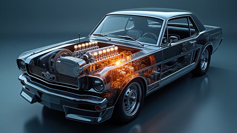 Transparent Body Classic Car with Visible Engine and Chrome Stock ...