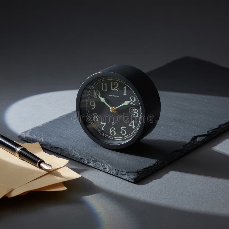 Classic Black Desk Clock and Fountain Pen on a Slate Tile, Spotlighted ...