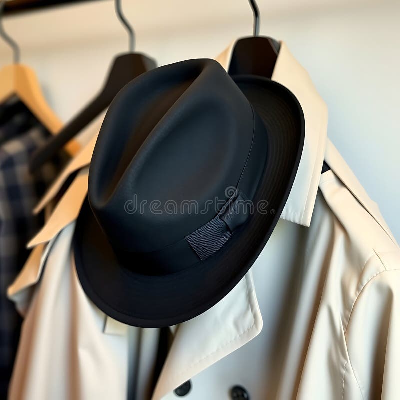 A Classic Black Fedora Hat Resting on a Coat Rack beside a Trench Coat ...