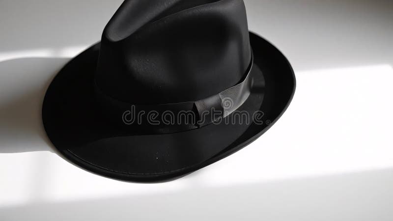 A Classic Black Fedora Hat Sits on a White Surface, Casting a Dramatic ...