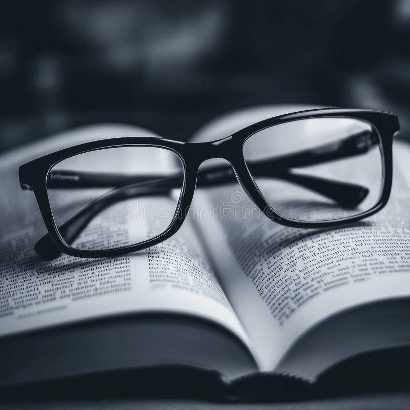 Classic Black Reading Glasses on an Open Book with Blurred Background ...