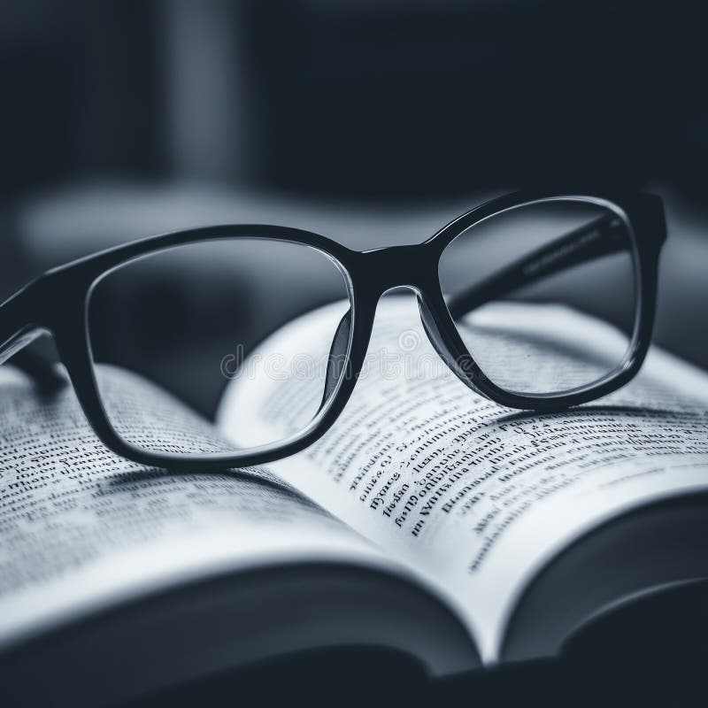 Classic Black Reading Glasses on an Open Book with Blurred Background ...