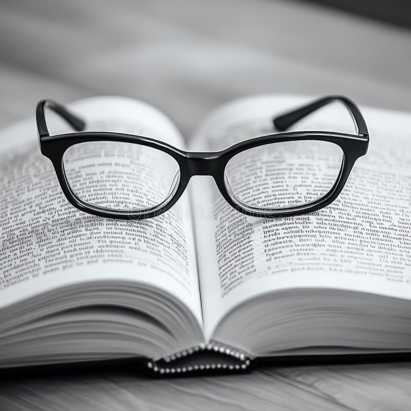 Classic Black Reading Glasses on an Open Book with Blurred Background ...