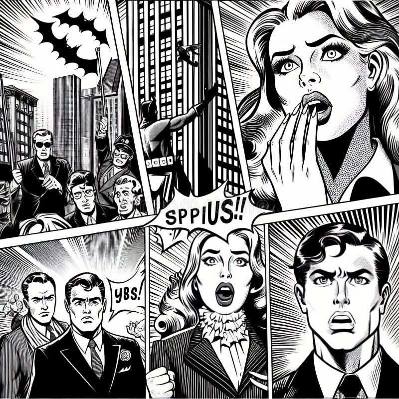 Classic Black and White Comic Book Style Illustrations, Close Stock ...