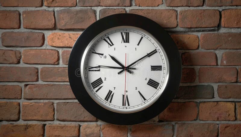 Classic Black and White Dial Clock Against Red Brick Wall. Retro Style ...