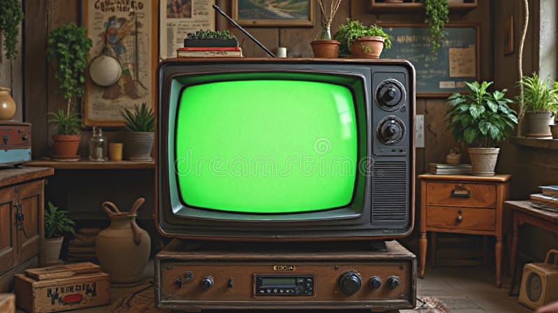Classic Black-and-white Television Showing an Empty Green Screen ...