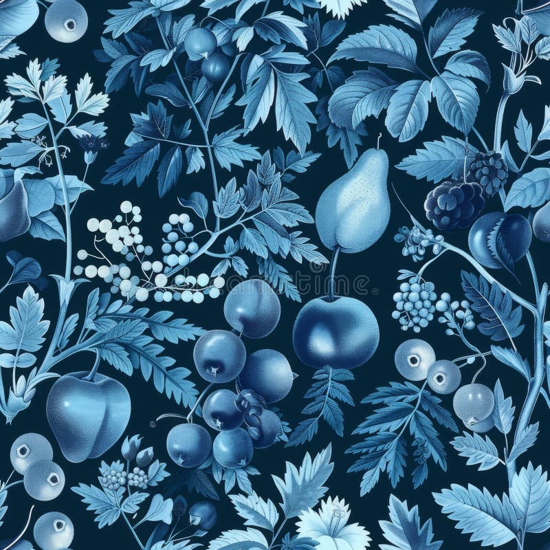 Classic Blue Botanical Illustration of Varied Fruits and Foliage ...