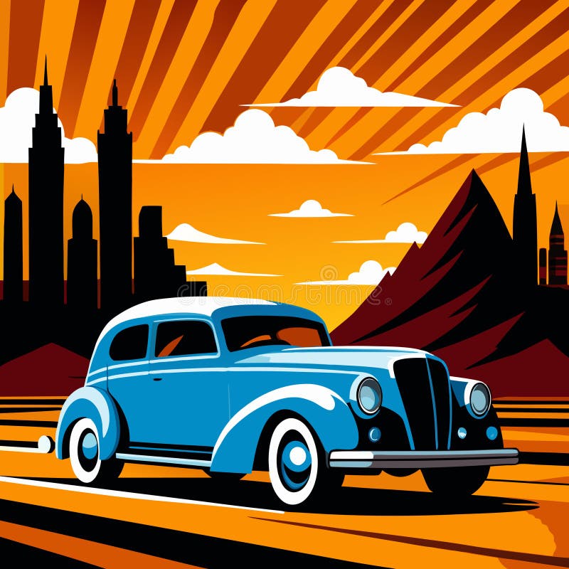 Classic Blue Car Cruising through a City at Sunset Stock Vector ...