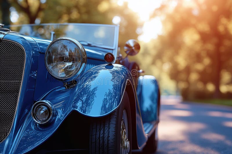 Classic Blue Vintage Car on a Sunny Road Stock Illustration ...