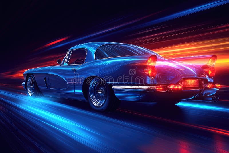 Classic Blue Coupe Racing at Night, Speed and Lights Stock Illustration ...