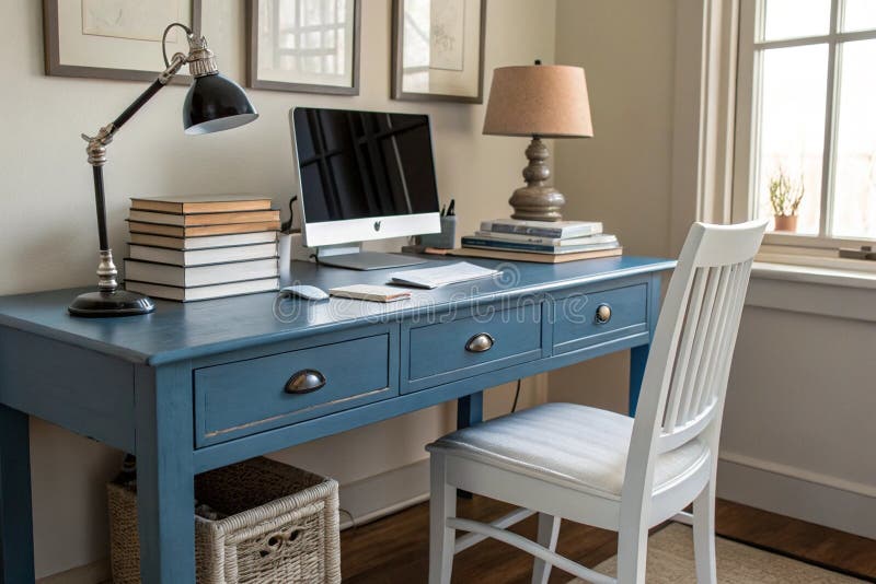 Classic Blue Desk with White Chair at Workplace Stock Illustration ...