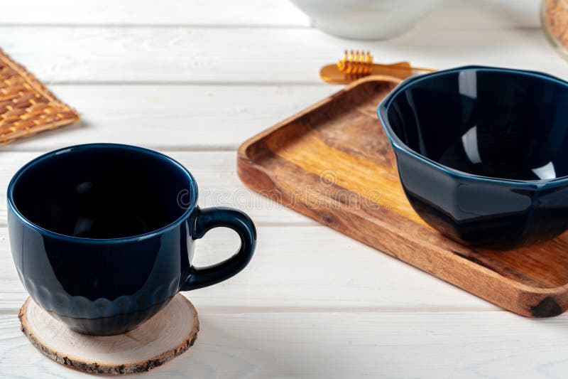 Classic Blue Empty Ceramic Tea Cup on Kitchen Table Stock Photo - Image ...