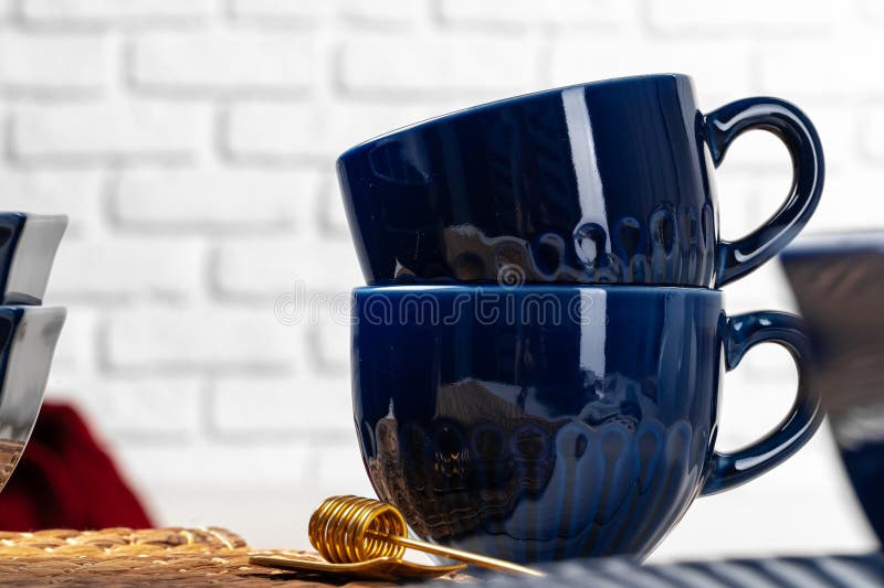 Classic Blue Empty Ceramic Tea Cup on Kitchen Table Stock Image - Image ...