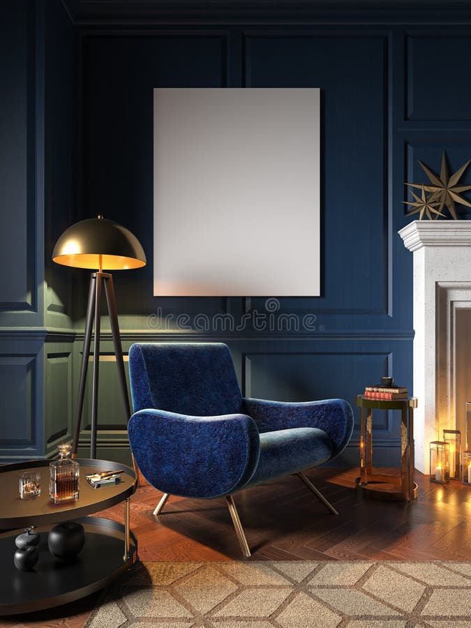 Classic Blue Interior with Armchair, Wall Panel and Decor. Stock ...