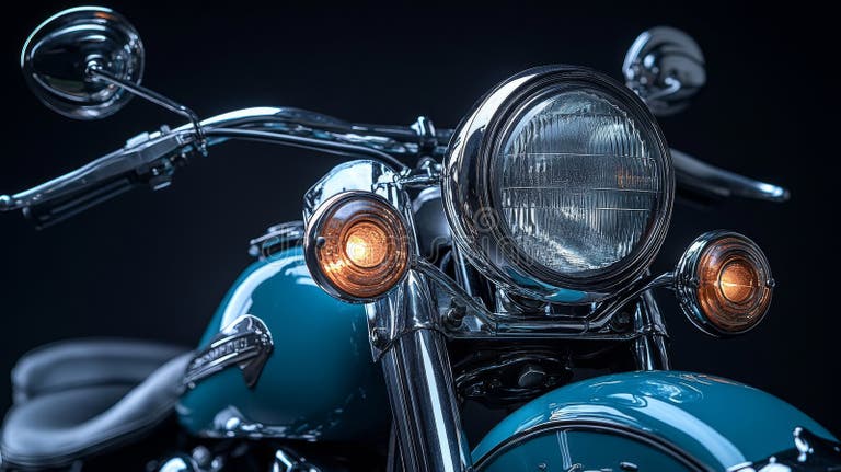 Classic Blue Motorcycle with Chrome Detailing and Illuminated ...