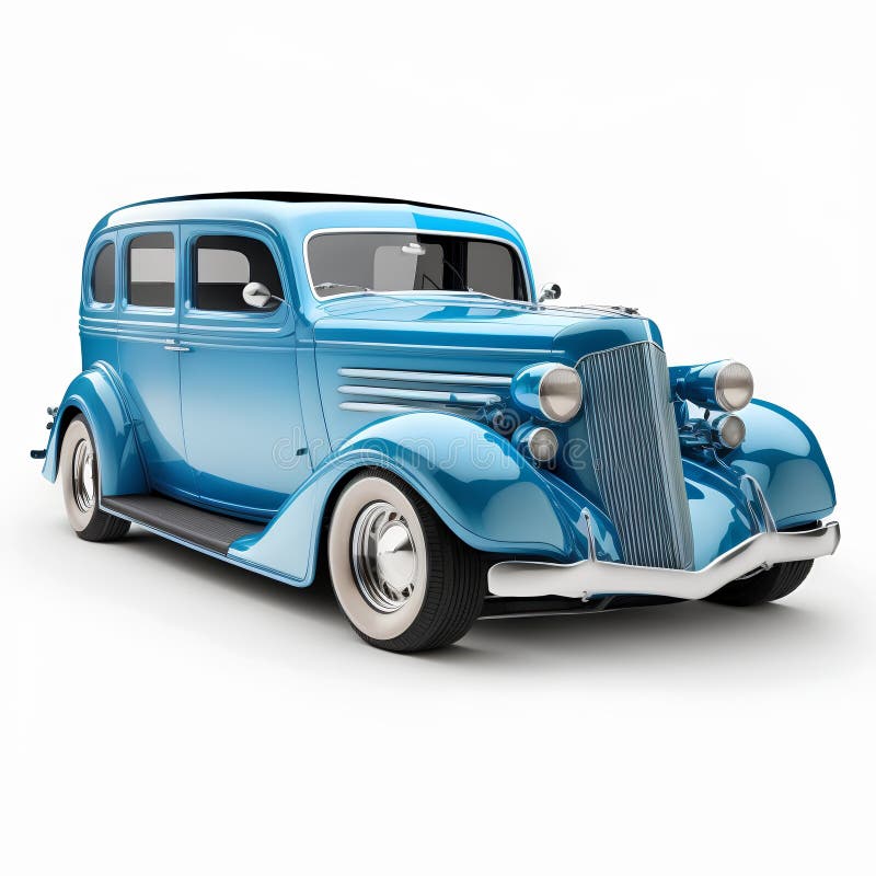 Classic Blue Old American Car - Side View - 3D Render Stock ...