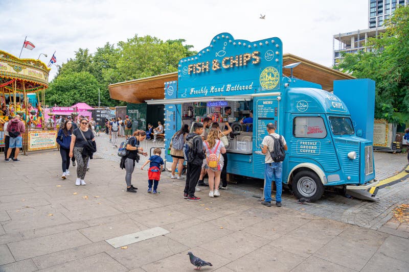 Classic Blue Vehicle Selling Fish and Chips in Central London Editorial ...