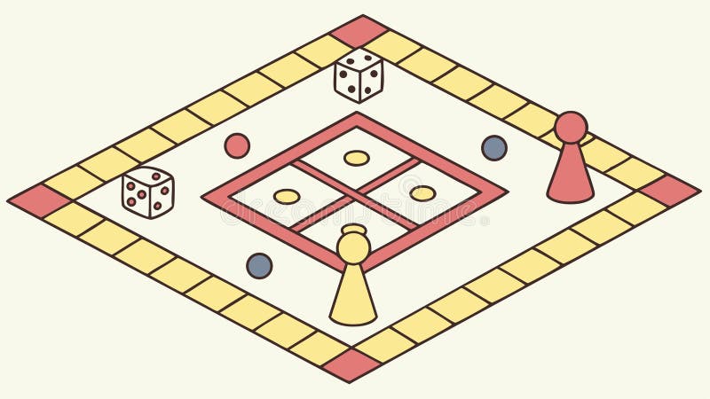 Classic Board Game Setup with Dice, Pawns, and Game Board, Vector ...