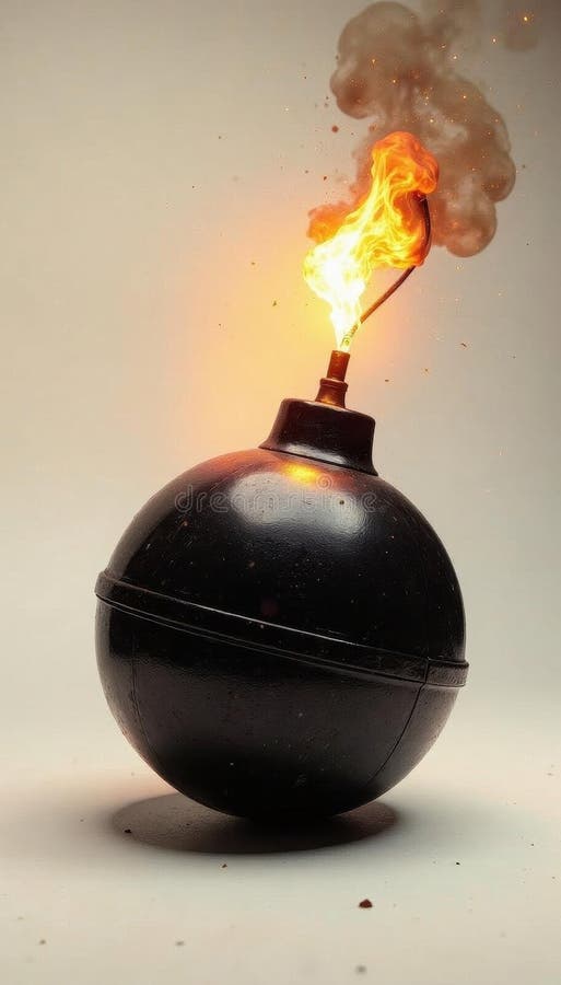 Classic Bomb with Lit Fuse, Against Plain Backdrop, Illustration, Plain ...