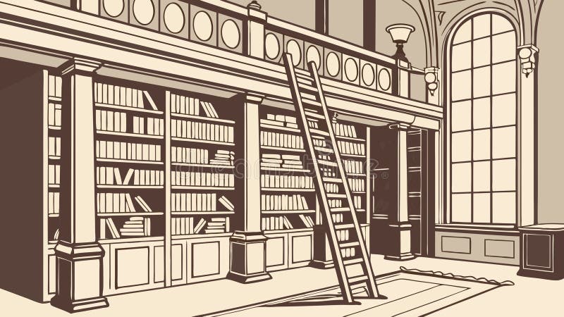 Classic Bookshelf Interior with Ladder Archway, Vector Design ...