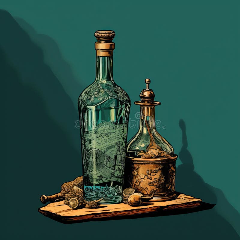 Classic Bottle of Liquor and Found Objects Drawing on Teal Background ...