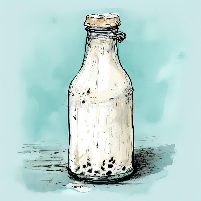 Classic Bottle of Milk Drawing on Turquoise Background Found Objects ...