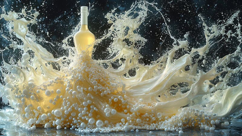 Classic Bottle Surrounded by Splashing Liquid Foam and Bubbles Creating ...