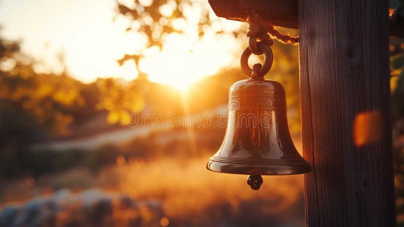A Classic Brass Bell Hanging from a Wooden Post Stock Photo - Image of ...