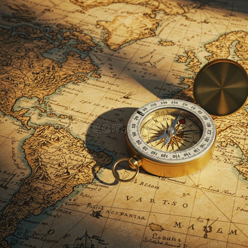 A Classic Brass Compass Rests on an Antique-style Map. Stock ...