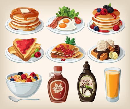 Classic Breakfast Cartoon Set with Pancakes, Cerea Stock Vector ...
