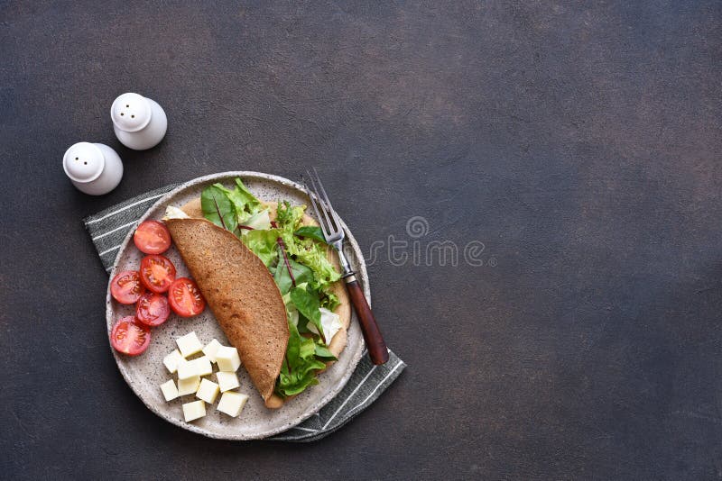 Classic Breakfast - Crepe with Tomatoes, Cheese and Salad. View from ...
