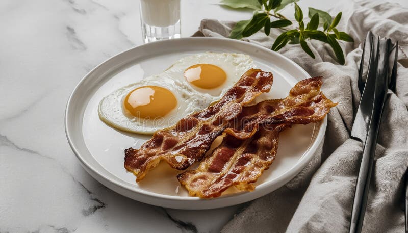 Classic Breakfast with Crispy Bacon and Sunny-Side-Up Eggs on a White ...