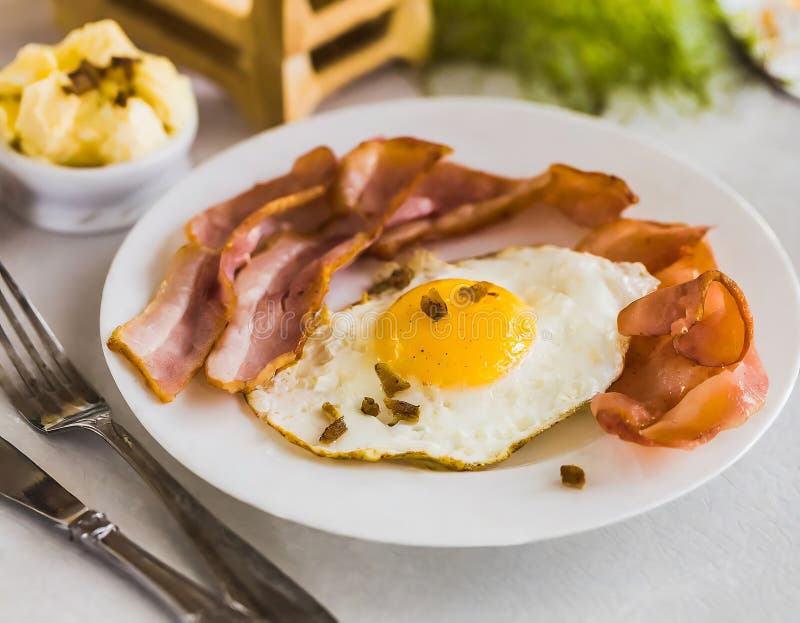 A Classic Breakfast Dish Featuring a Fried Egg and Bacon Strips ...