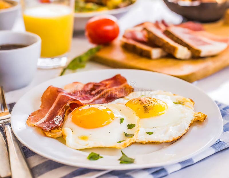 A Classic Breakfast Dish Featuring a Fried Egg and Bacon Strips ...