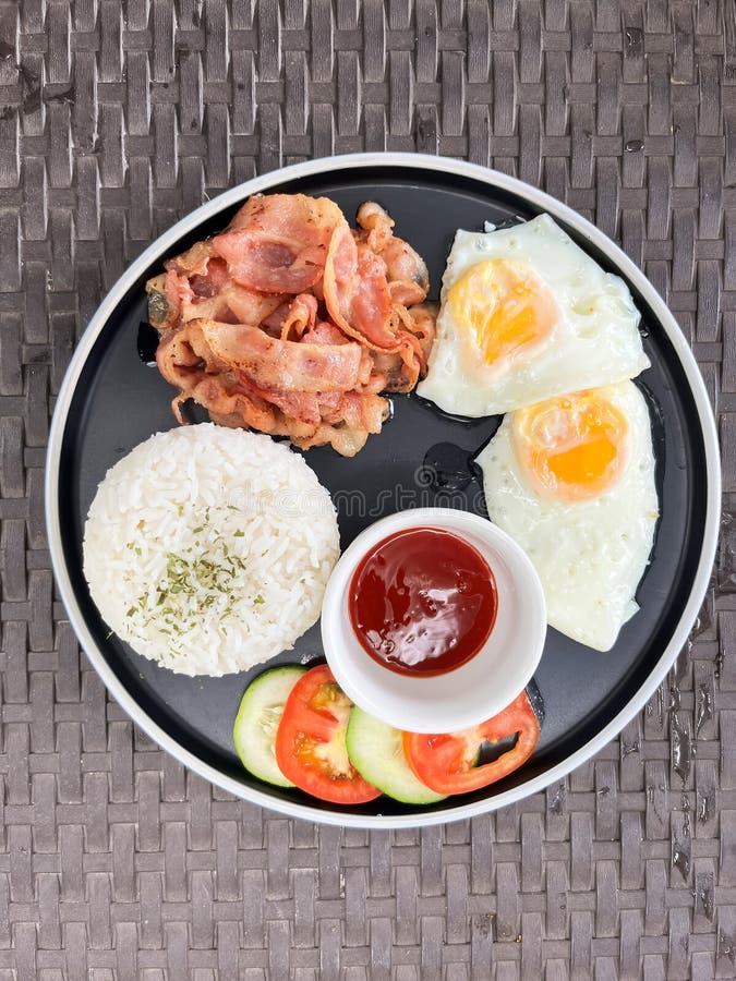 Classic Breakfast with Fried Egg, Rice and Bacon in a Cafe Stock Image ...