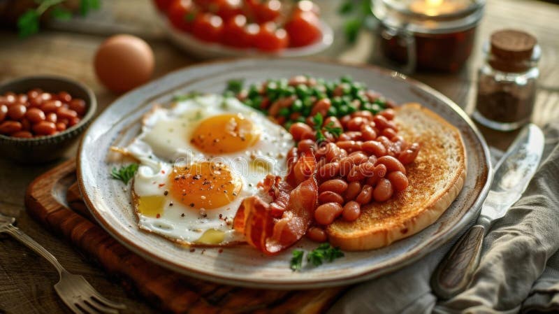 Classic Breakfast Plate with Fried Eggs, Bacon, Beans, Toast, and Peas ...