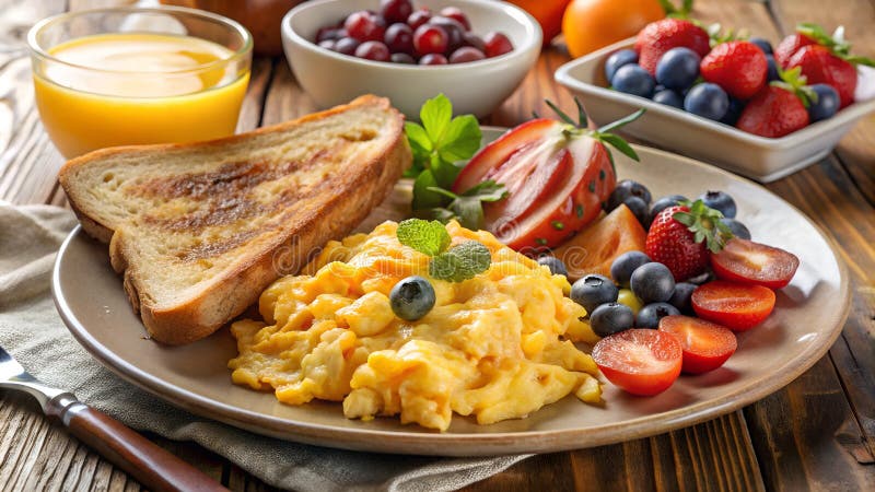 A Classic Breakfast Plate with Scrambled Eggs, Bacon, Toast, and a Side ...