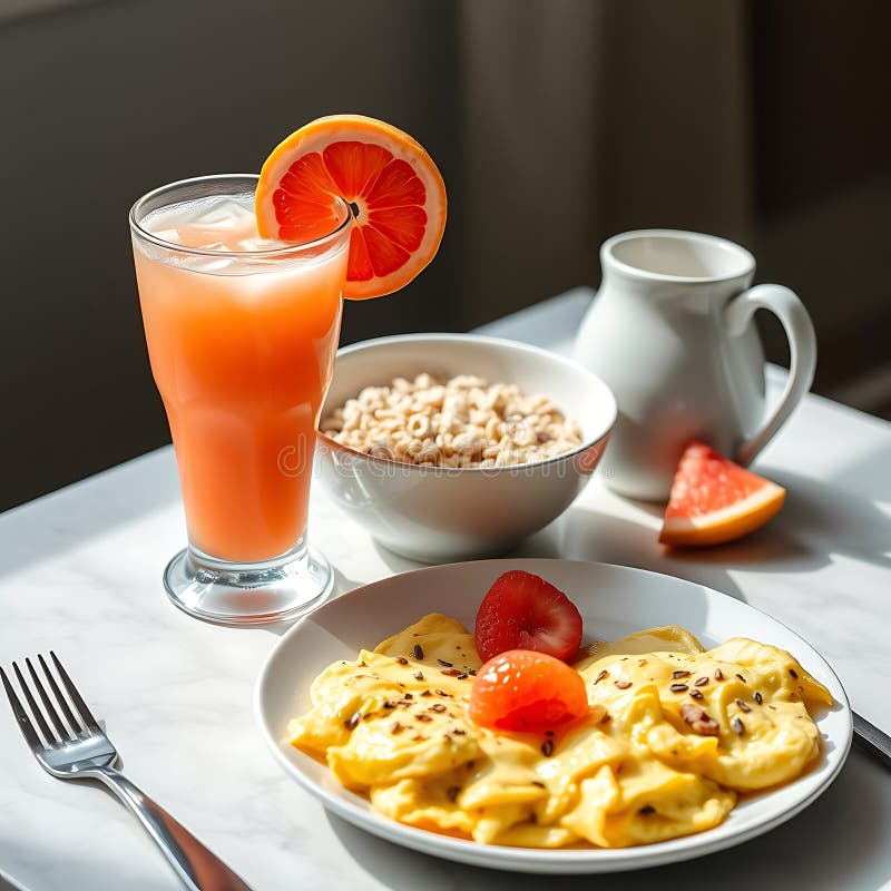 A Classic Breakfast Setup with a Glass of Freshly Squeezed Grapefruit ...