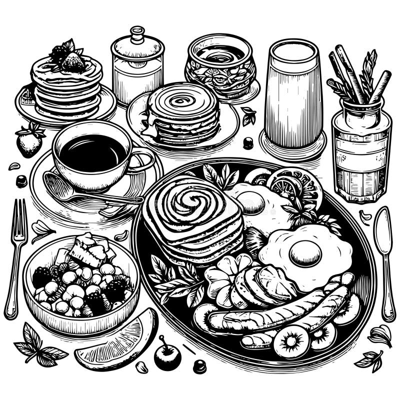 Classic Breakfast Table Engraving Vector Stock Vector - Illustration of ...