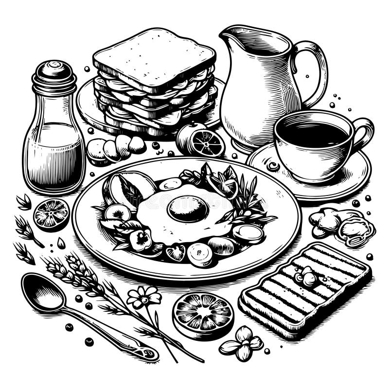 Classic Breakfast Table Engraving Vector Stock Vector - Illustration of ...