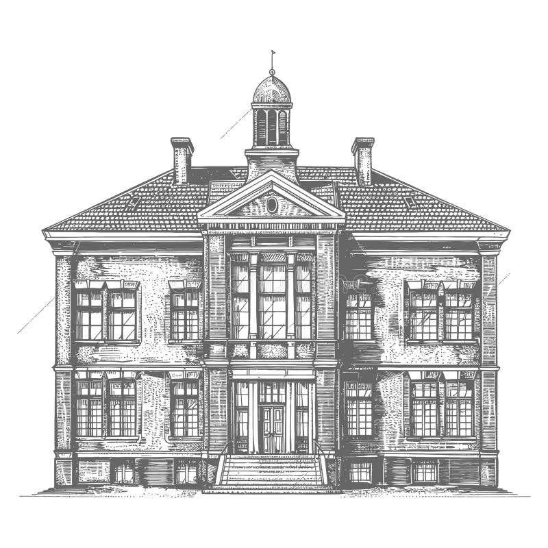Grand Old Brick Building, Architectural Sketch, Vintage Style Stock ...