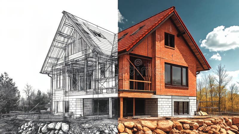 Classic Brick House Under Construction Merging with Architectural ...