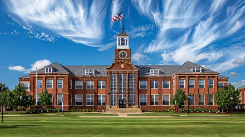 Classic Brick School Building with Clock Tower and American Flag ...
