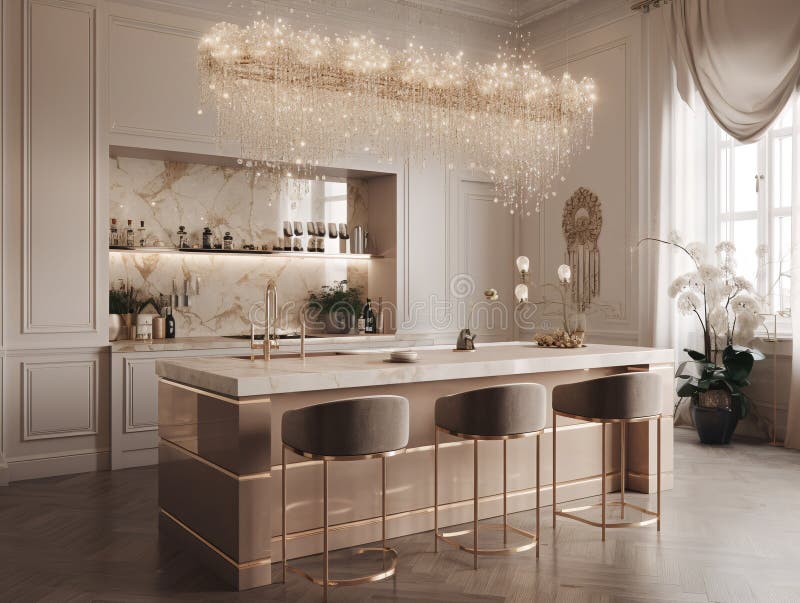 Classic Bright Kitchen with Bar Stools and Kitchen Island and ...