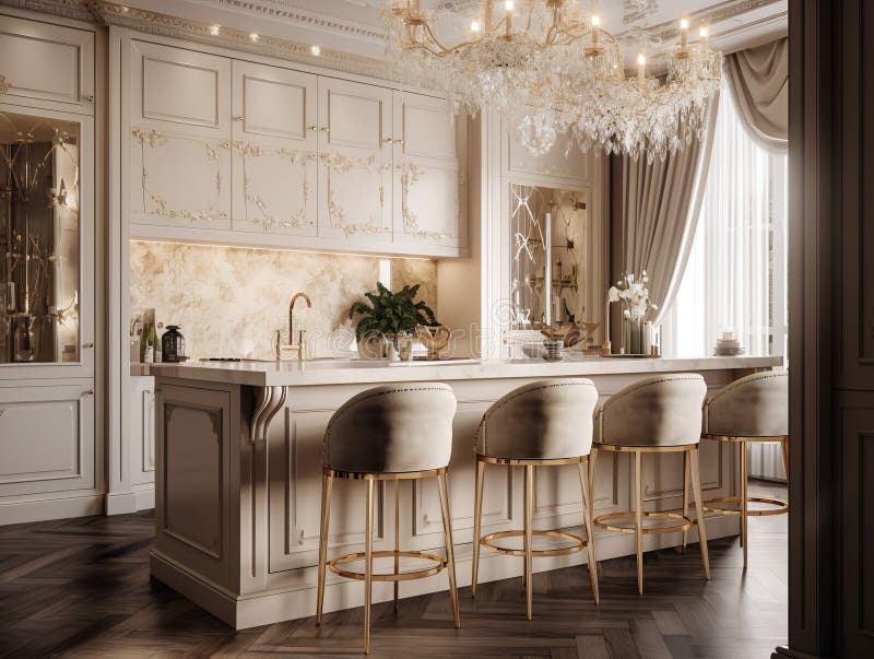 Classic Bright Kitchen with Bar Stools and Kitchen Island and ...