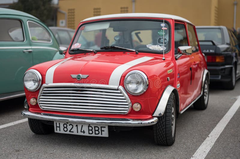 Classic British Compact Mini Cooper, Classic Red with 2 White Lines ...