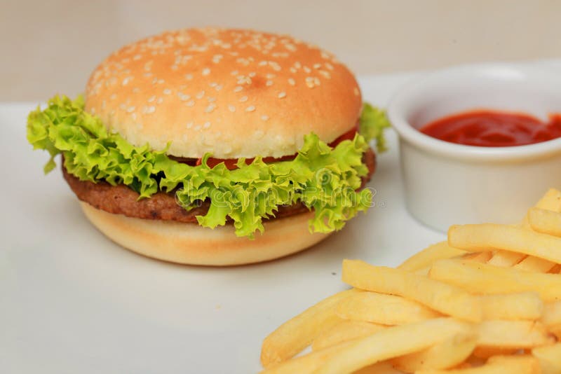 Classic Burger with French Fries on the Table Stock Photo - Image of ...